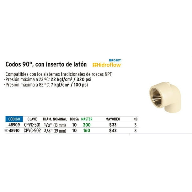 Codo 90° CPVC inserto latón 1/2' Foset Codo 90° CPVC inserto latón 1/2' | Bodega Aurrera en línea