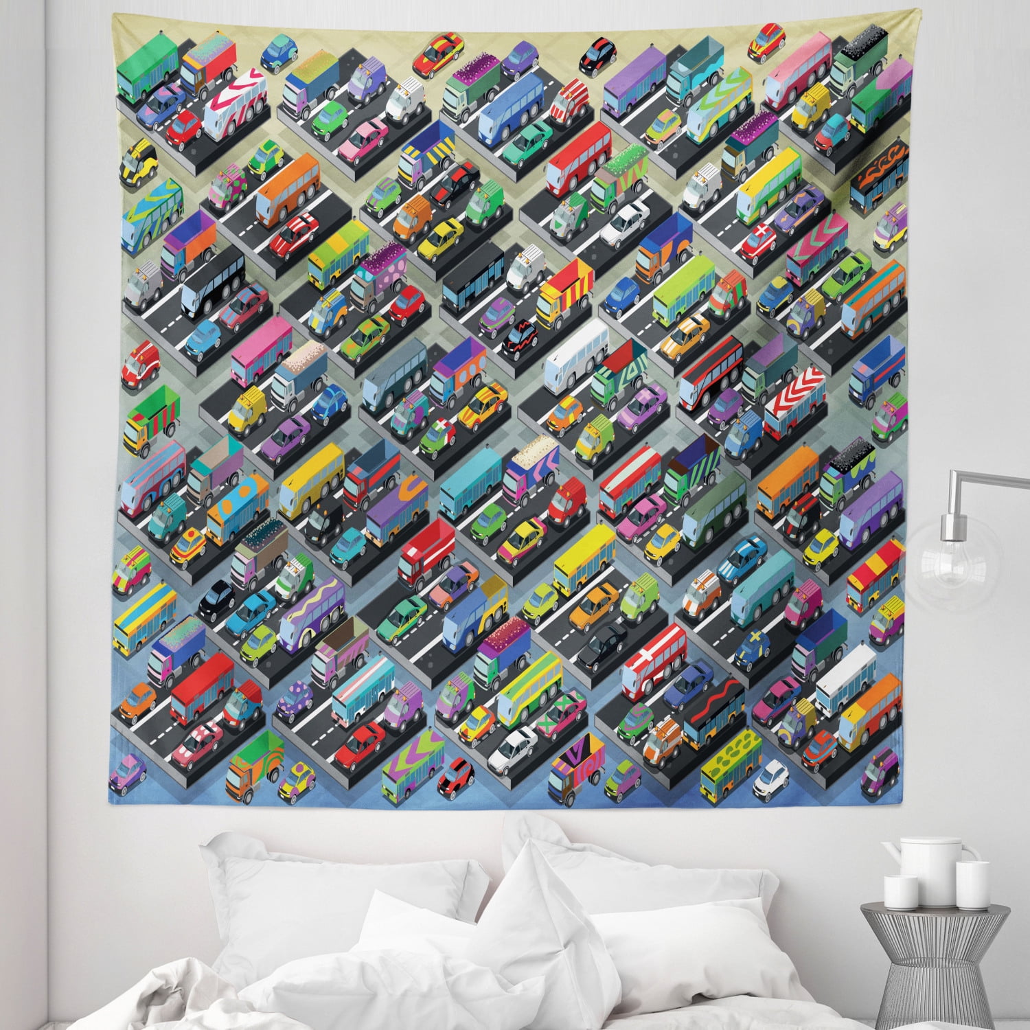Cars Tapestry, Detailed Group of Various Vehicles Parked Cars Buses ...