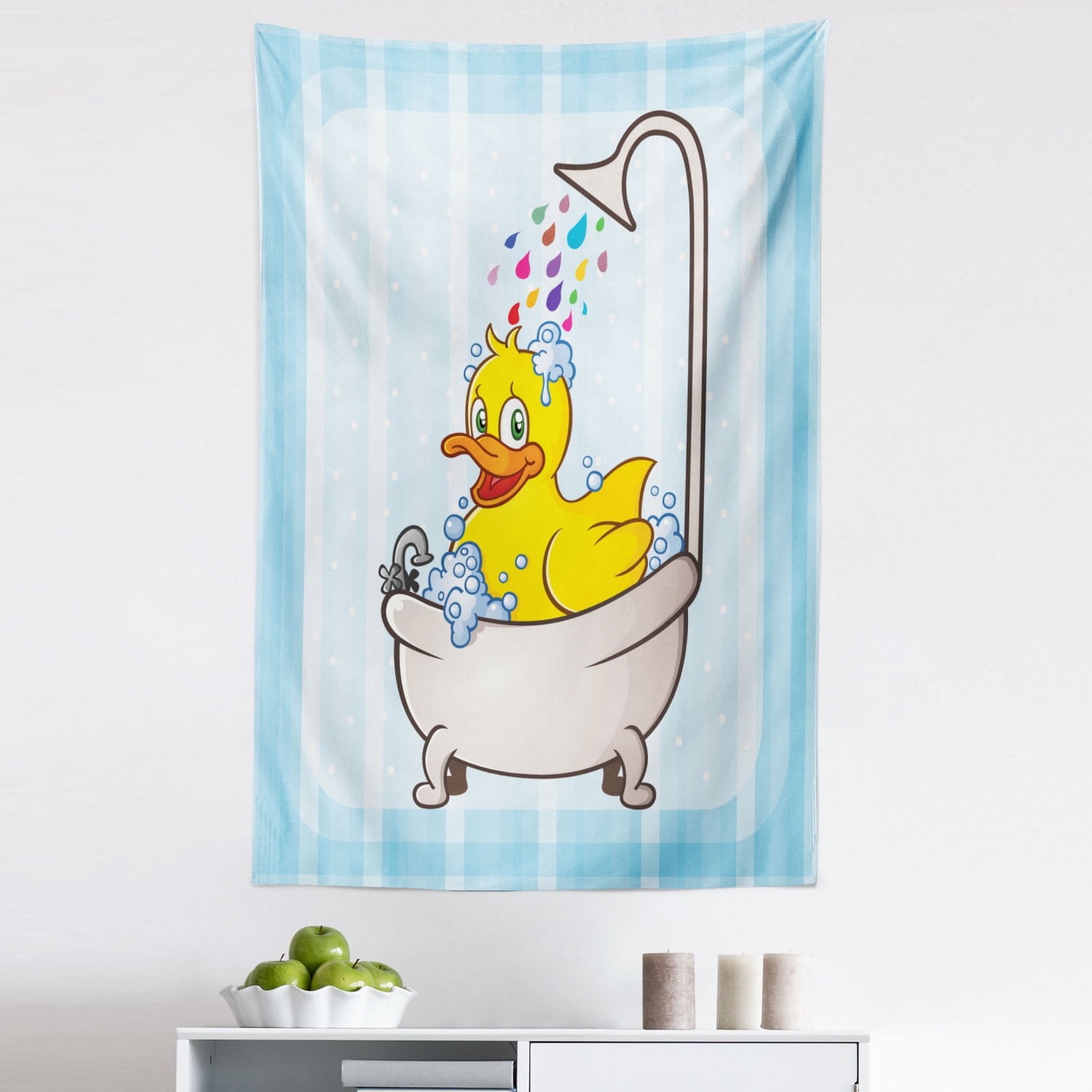 Duck Tapestry, Cartoon Character Taking a Bath Colorful Drops Backdrop ...