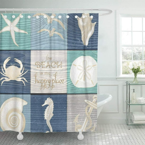 SUTTOM Seahorse Beach Happy Place Blue Aqua Wood Sea Shells Shower ... SUTTOM Seahorse Beach Happy Place Blue Aqua Wood Sea Shells Shower ...