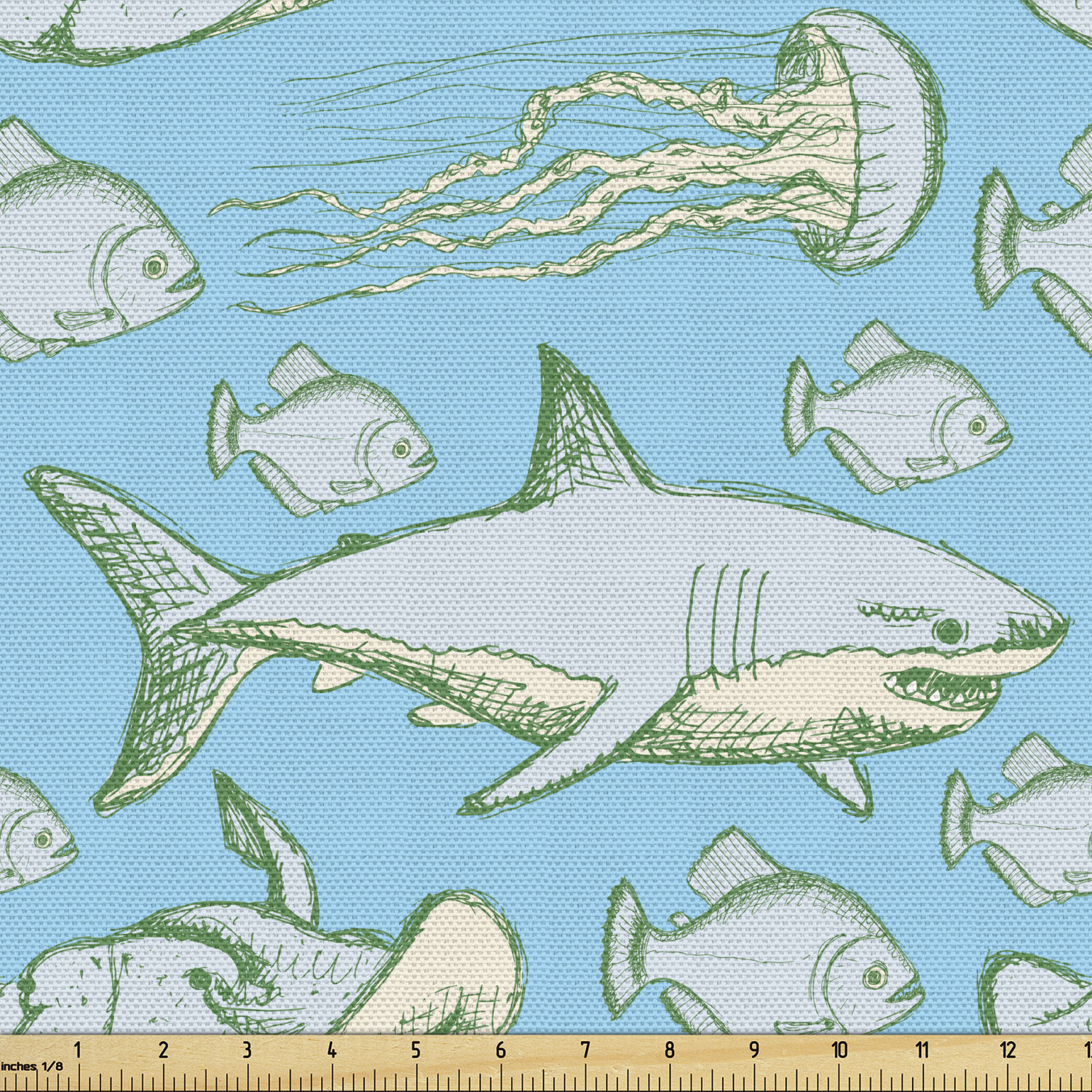 Shark Fabric by the Yard, Sea Creatures in Vintage Style Swimming ...