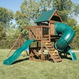 Swing-N-Slide Denali Tower Wooden Backyard Swing Set with Tube Slide, Wave Slide, Climbing wall ...