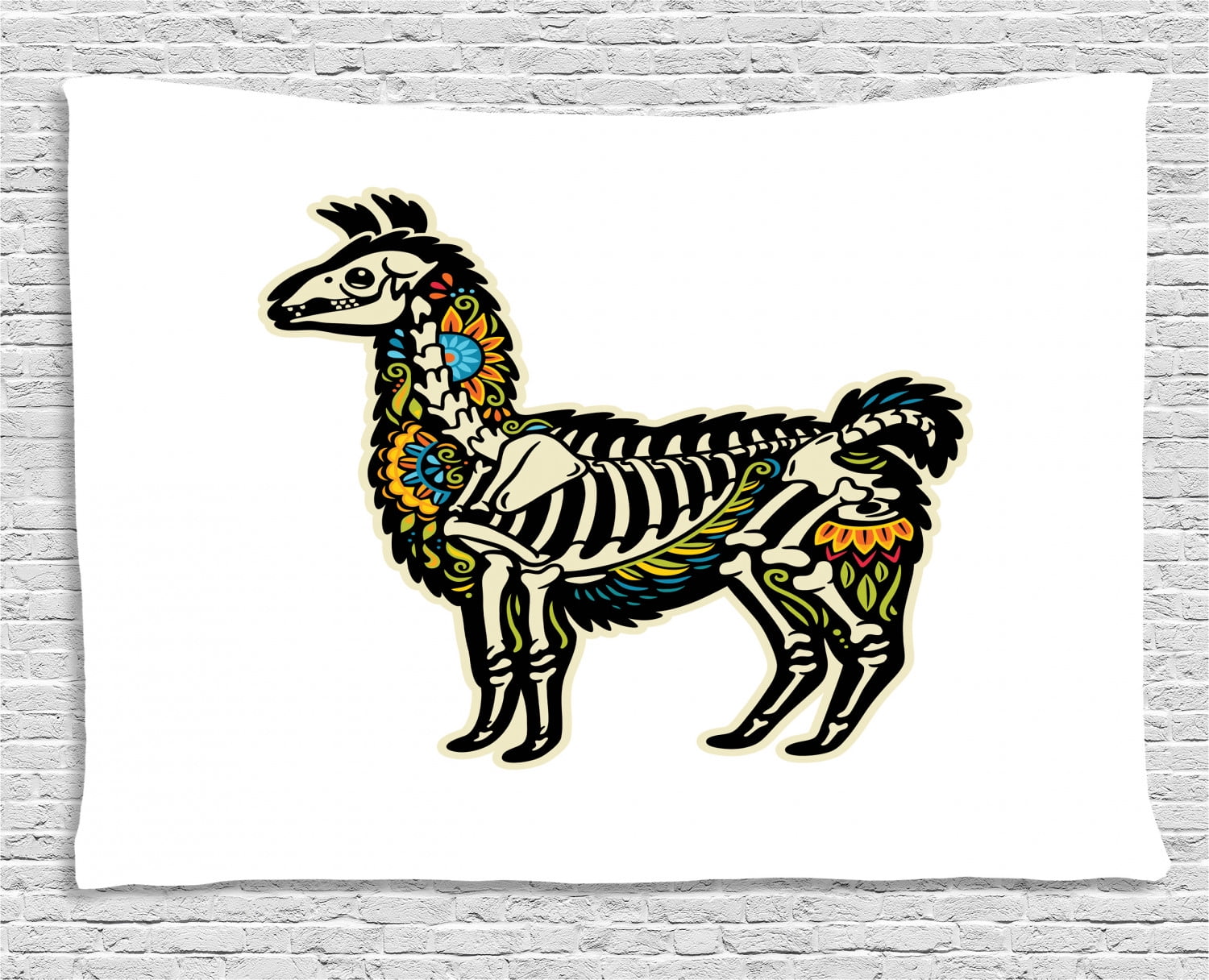 Llama Tapestry, Sugar Skull Style Alpaca Animal Skeleton and Colorful ...