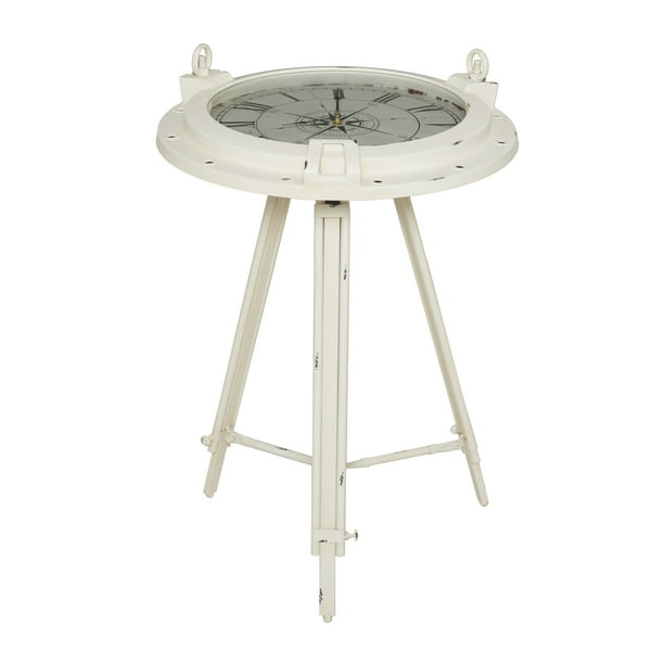 DecMode 19" x 27" White Metal Compass Accent Table with Clock and Clear ...