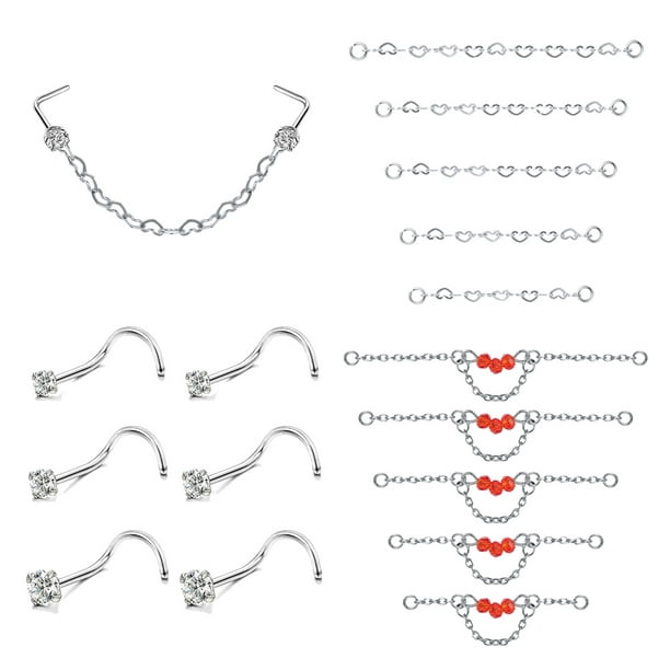 Zs 16Pcs/Set Red Beads Nose Chain Piercing Across Nose Stud Claw Cubic ...