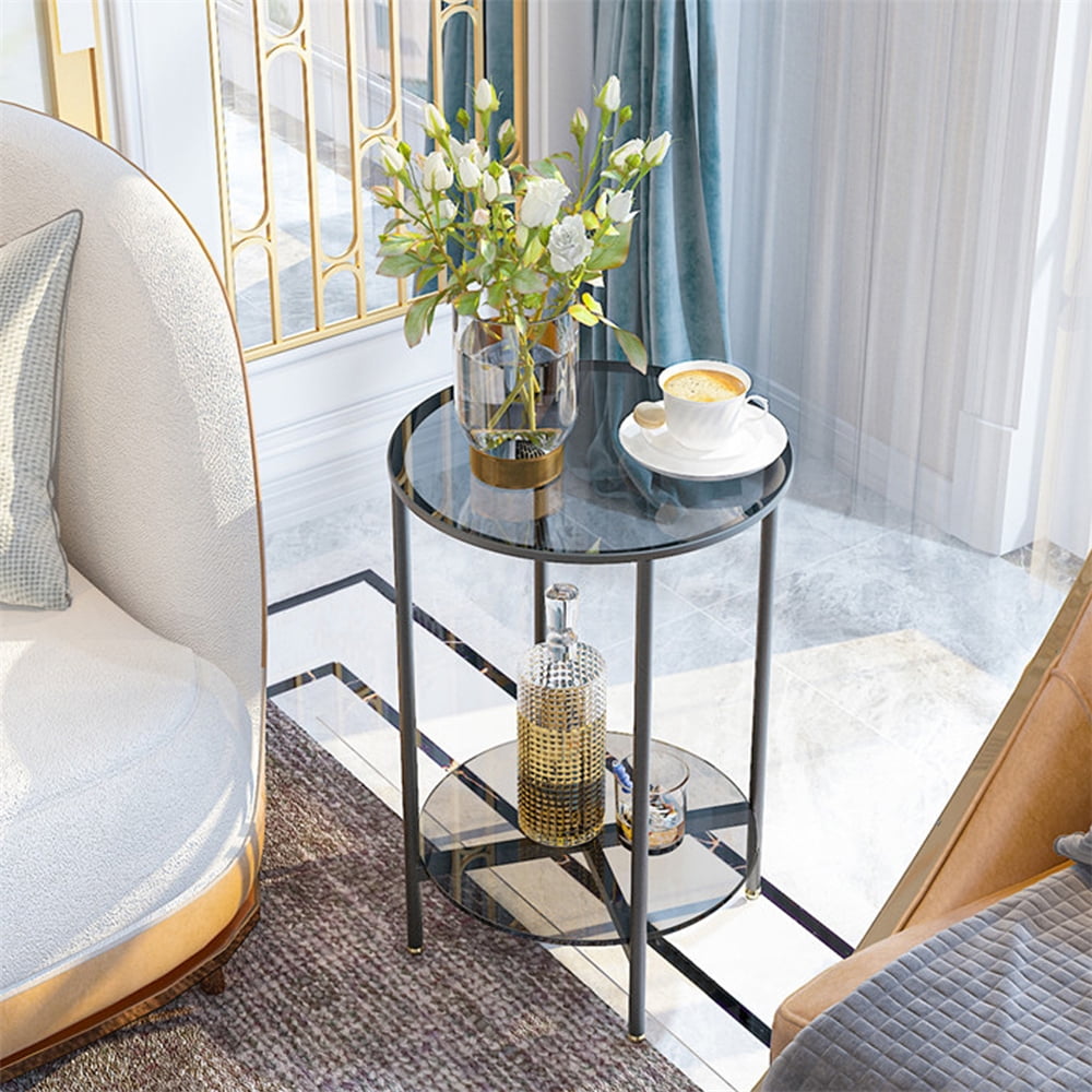 Avant-garde Grey Tempered Glass Side End Table 2 Tier Coffee Table ...