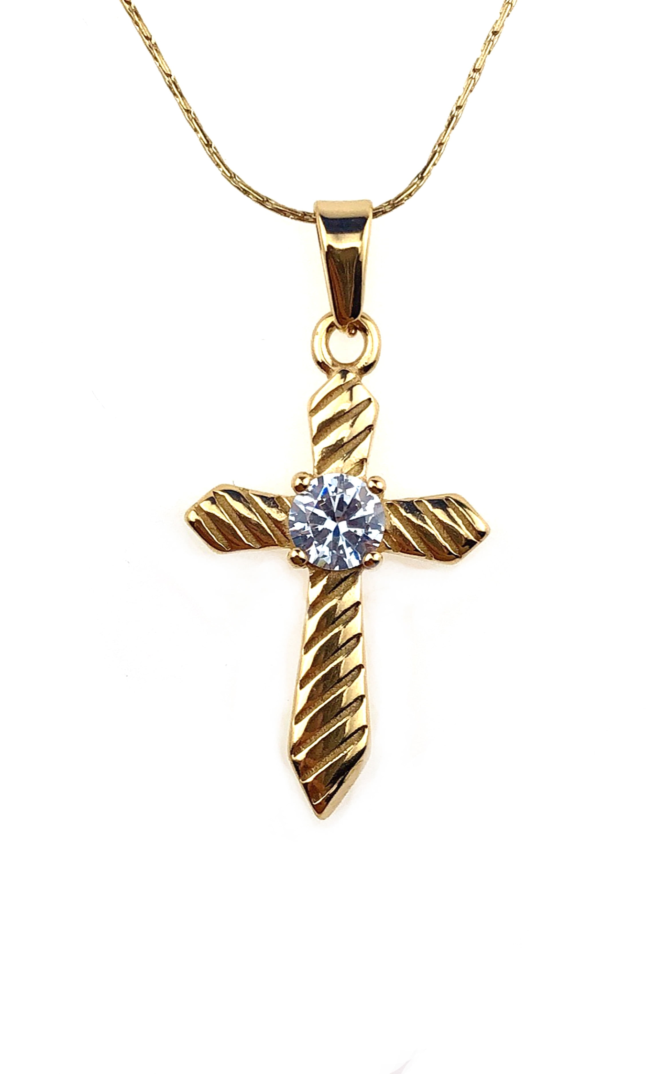 24K Yellow Gold 1 ct Created Diamond Cross Stud Necklace Plated 18 inch ...