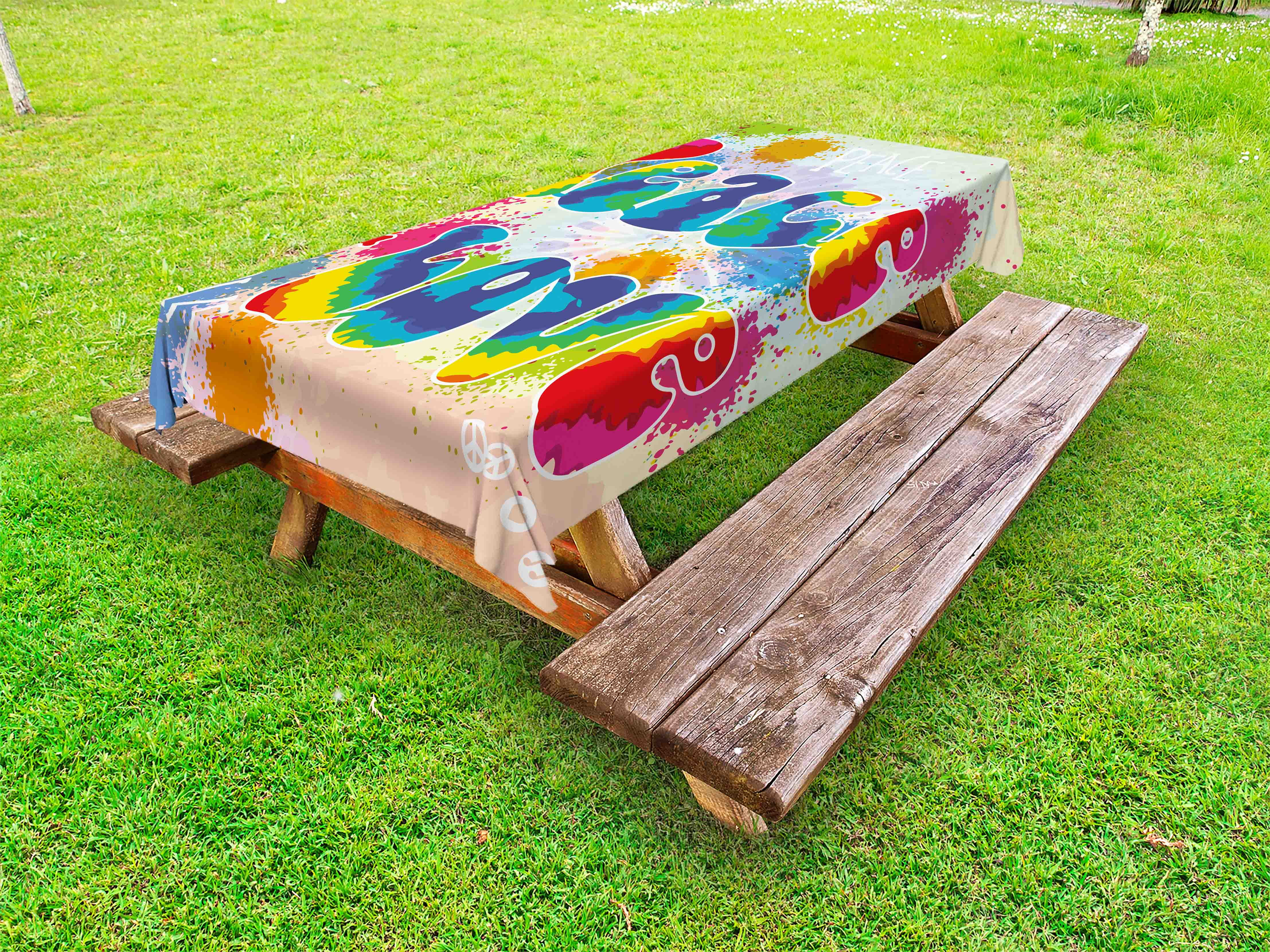 70s Party Outdoor Tablecloth, Peace and Love Tie Dye Funky Color ...