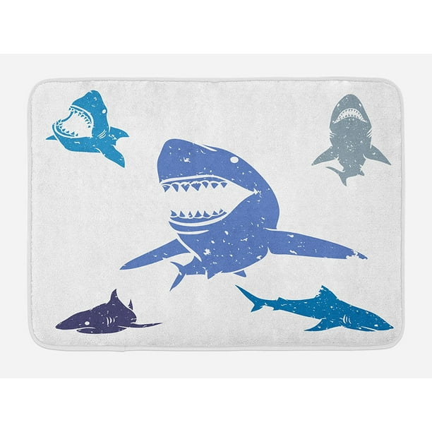 Shark Bath Mat, Grunge Style Big and Small Sharks with Open Mouths ...