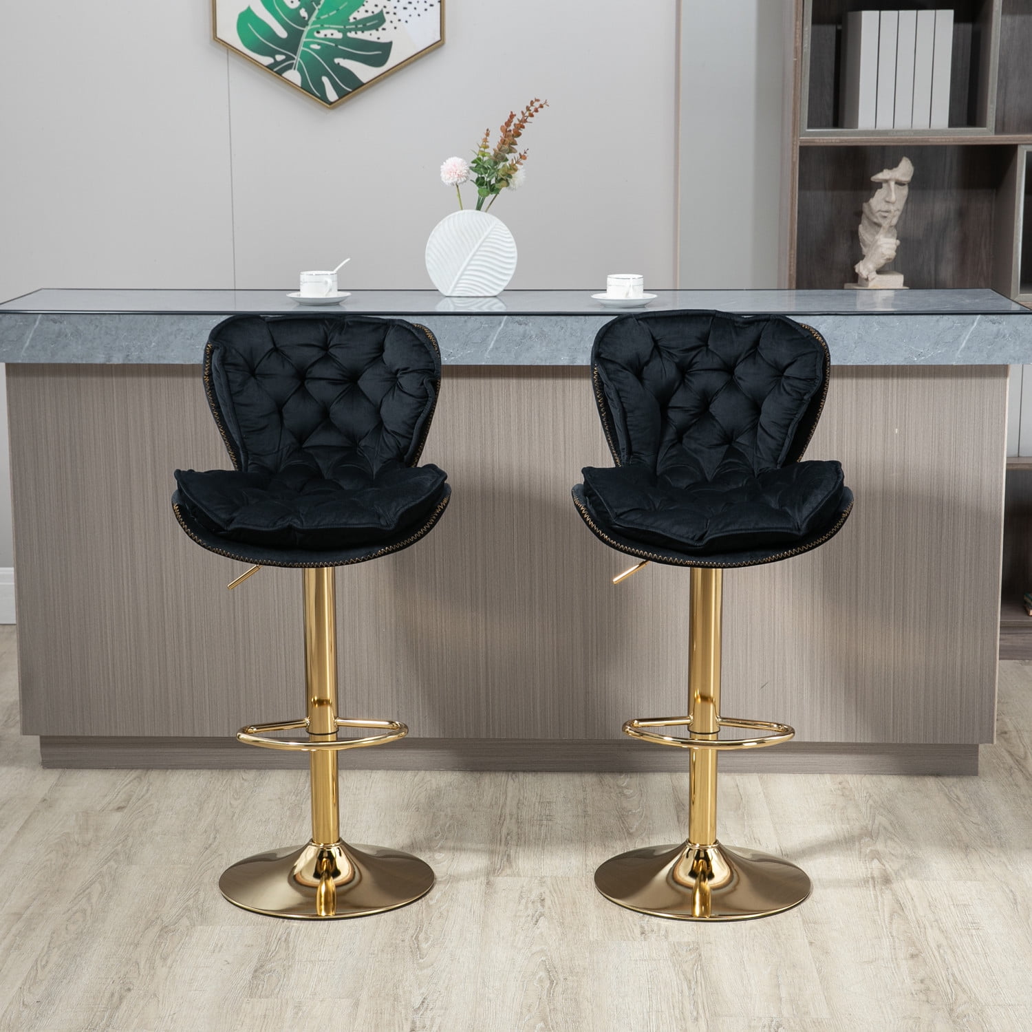 Set of 2 Bar Stools, Counter Height Bar Chairs with Round Metal Base ...