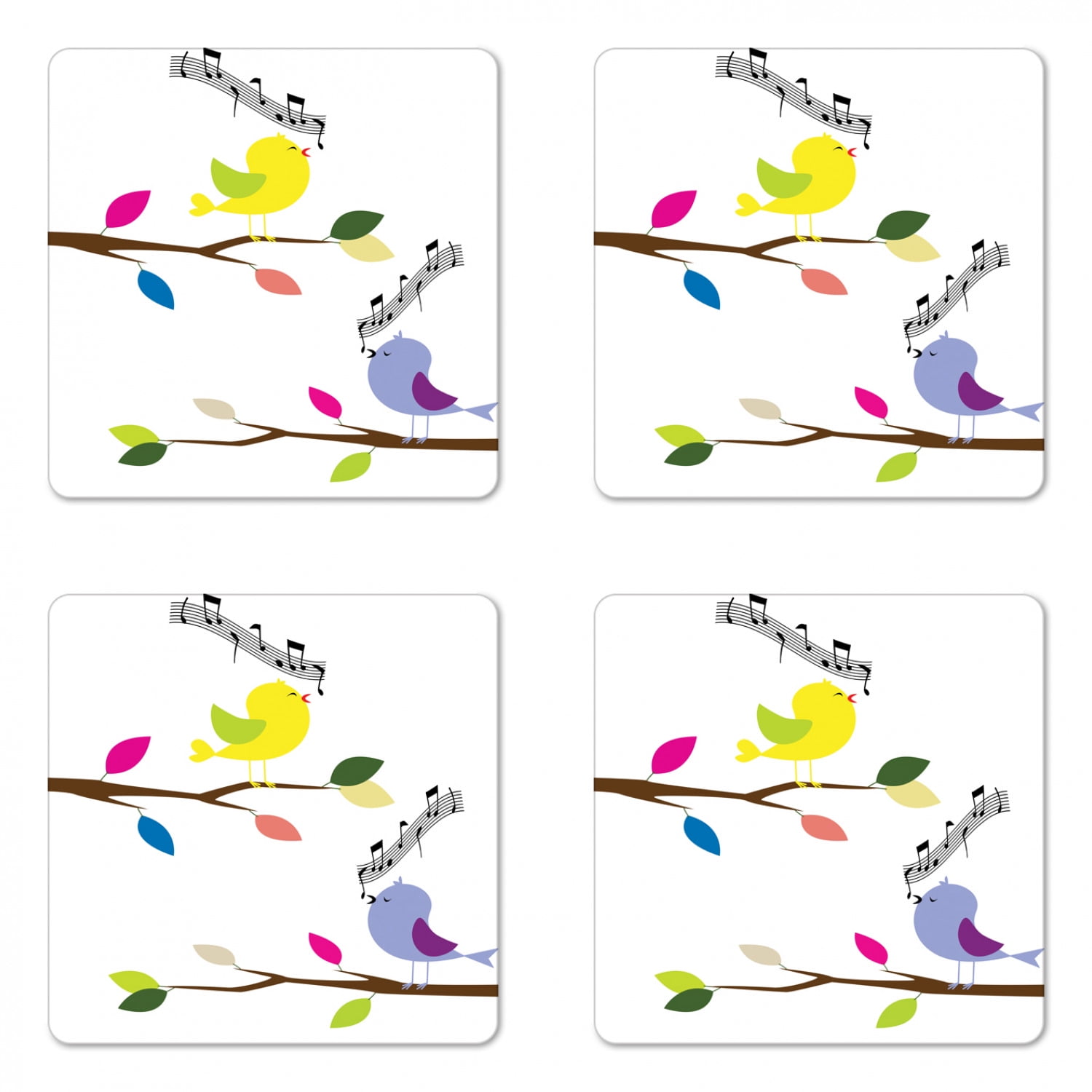 Birds Coaster Set of 4, Colorful Birds Singing on Tree Best Happiness ...