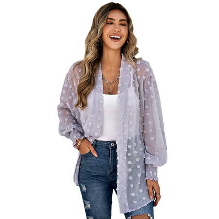 WIFORNT Women's Swimsuit Cover Ups, Long Sleeve Swiss Dots Open Front ...