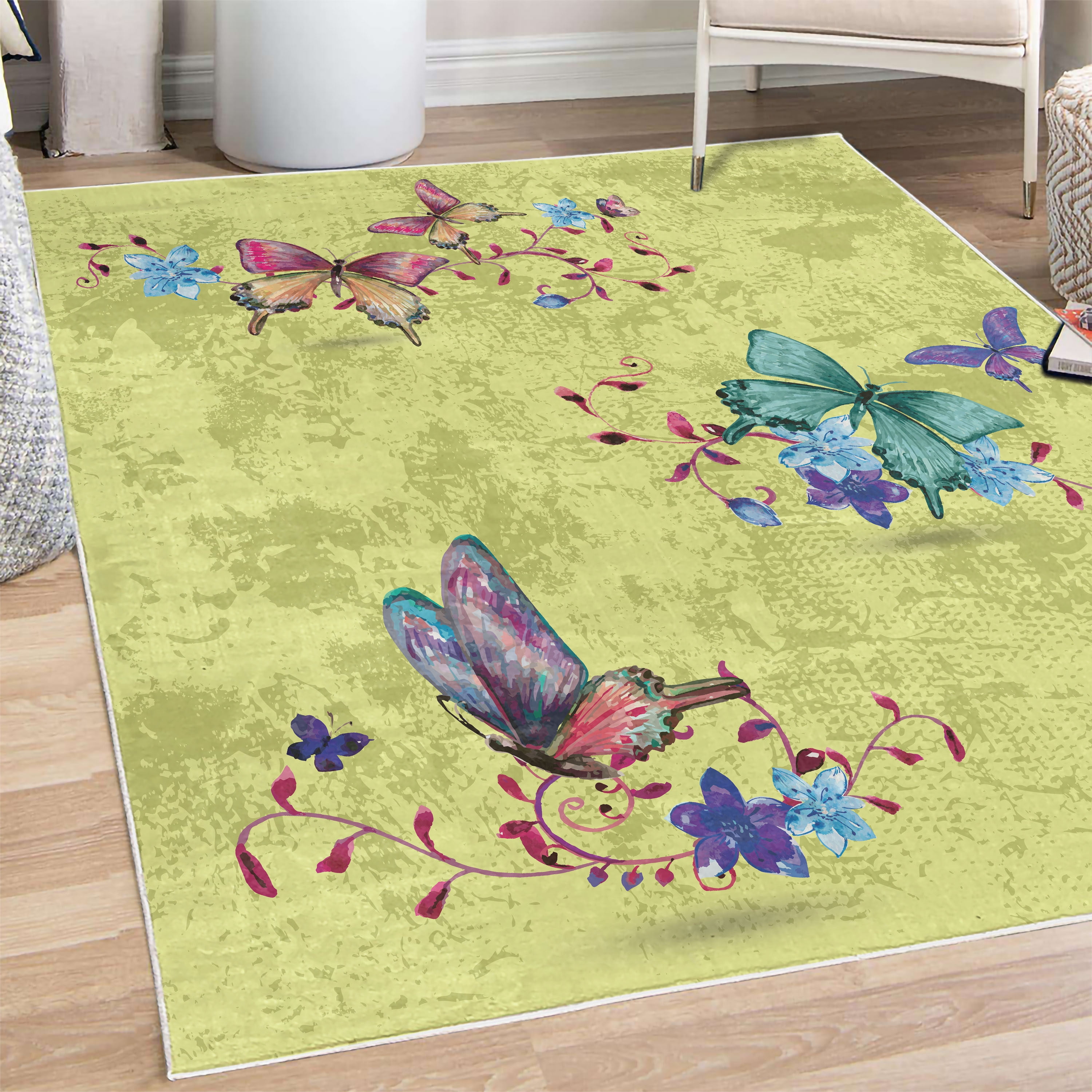 Butterfly Decorative Rug, Springtime Flying Moths on Vintage Style ...