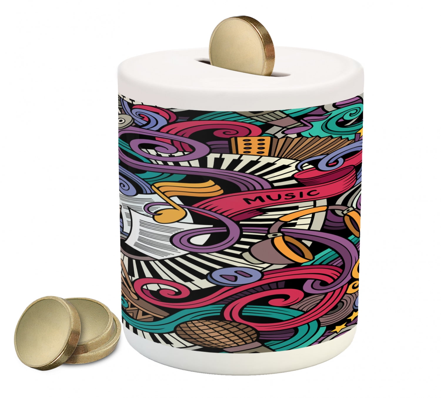 Hipster Piggy Bank, Music Themed Hand Drawn Abstract Instruments ...