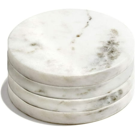 Real Marble Coasters for Drinks - Set of 4, Round White Marble Coasters ...