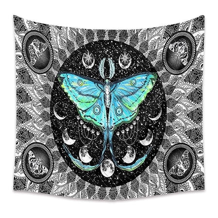Blue Moth Butterfly Tapestry, Psychedelic Moon Phases Tapestry Wall ...