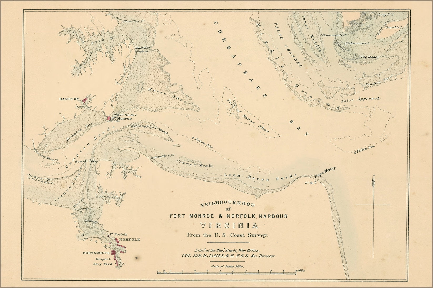 24"x36" Gallery Poster, map area of Fort Monroe & Norfolk Virginia 1862 ...