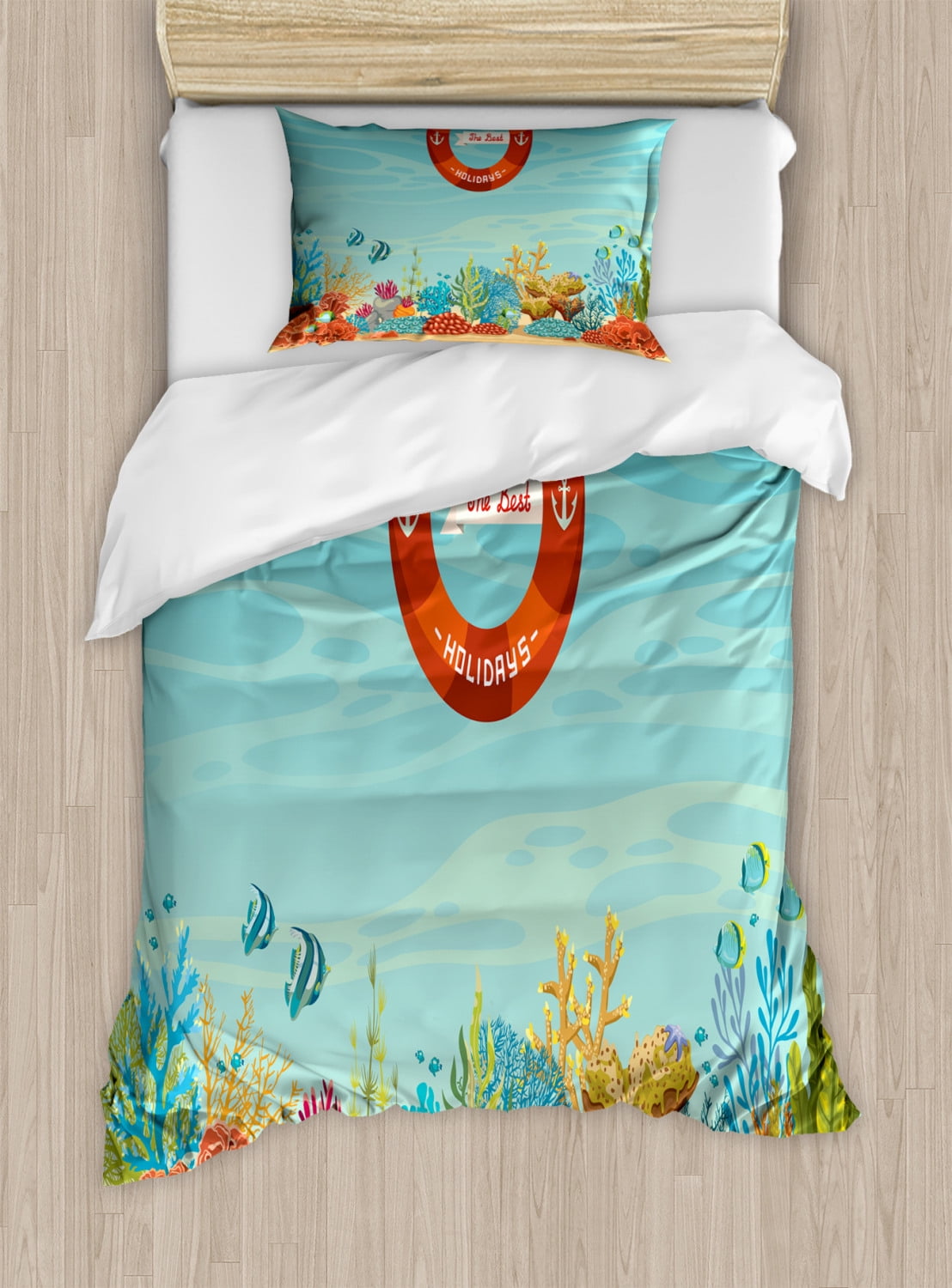 Marine Twin Size Duvet Cover Set, Lifebuoy over Coral Reef Sea Tropical ...