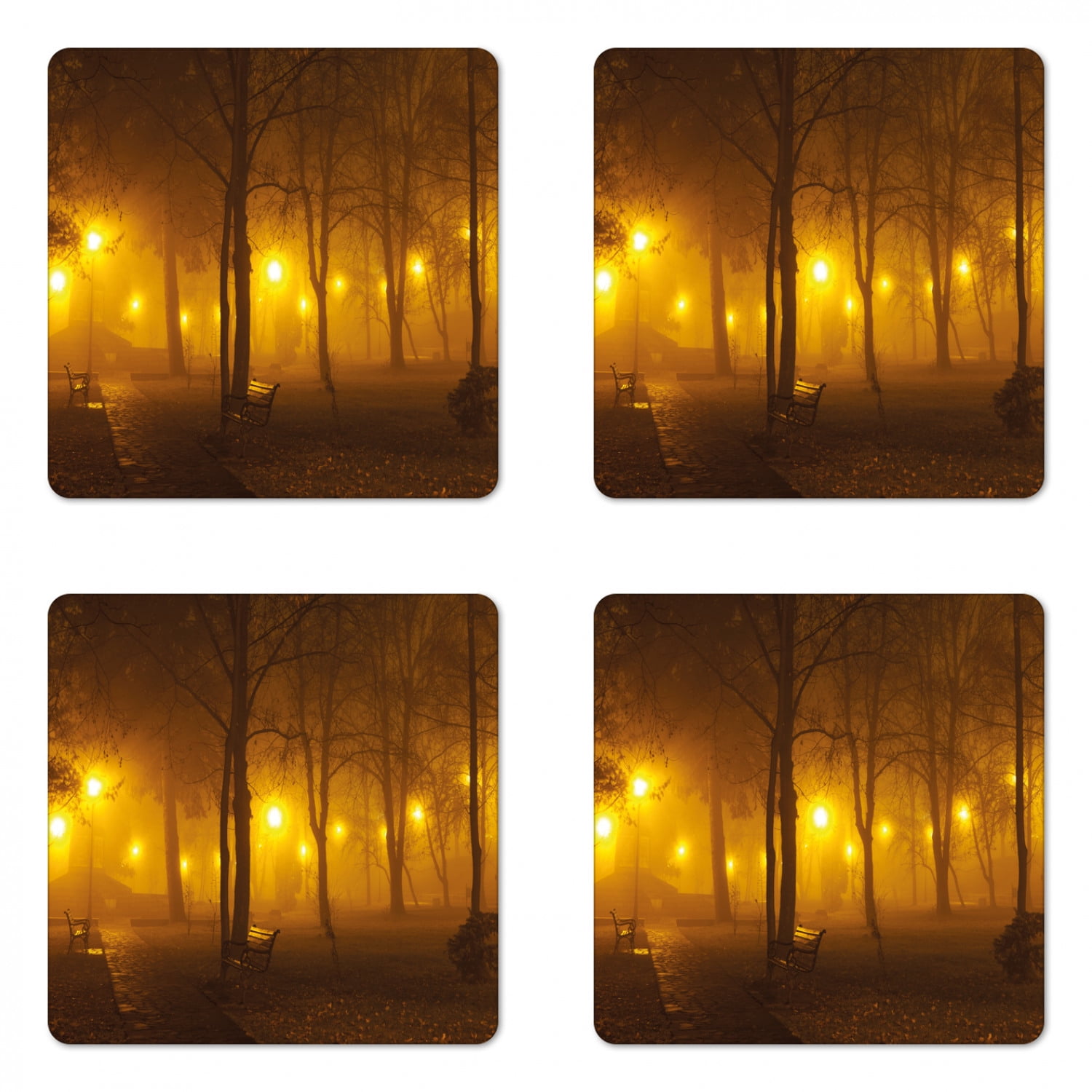 Fall Coaster Set of 4, Foggy Evening in the Park Autumn Season Nature ...