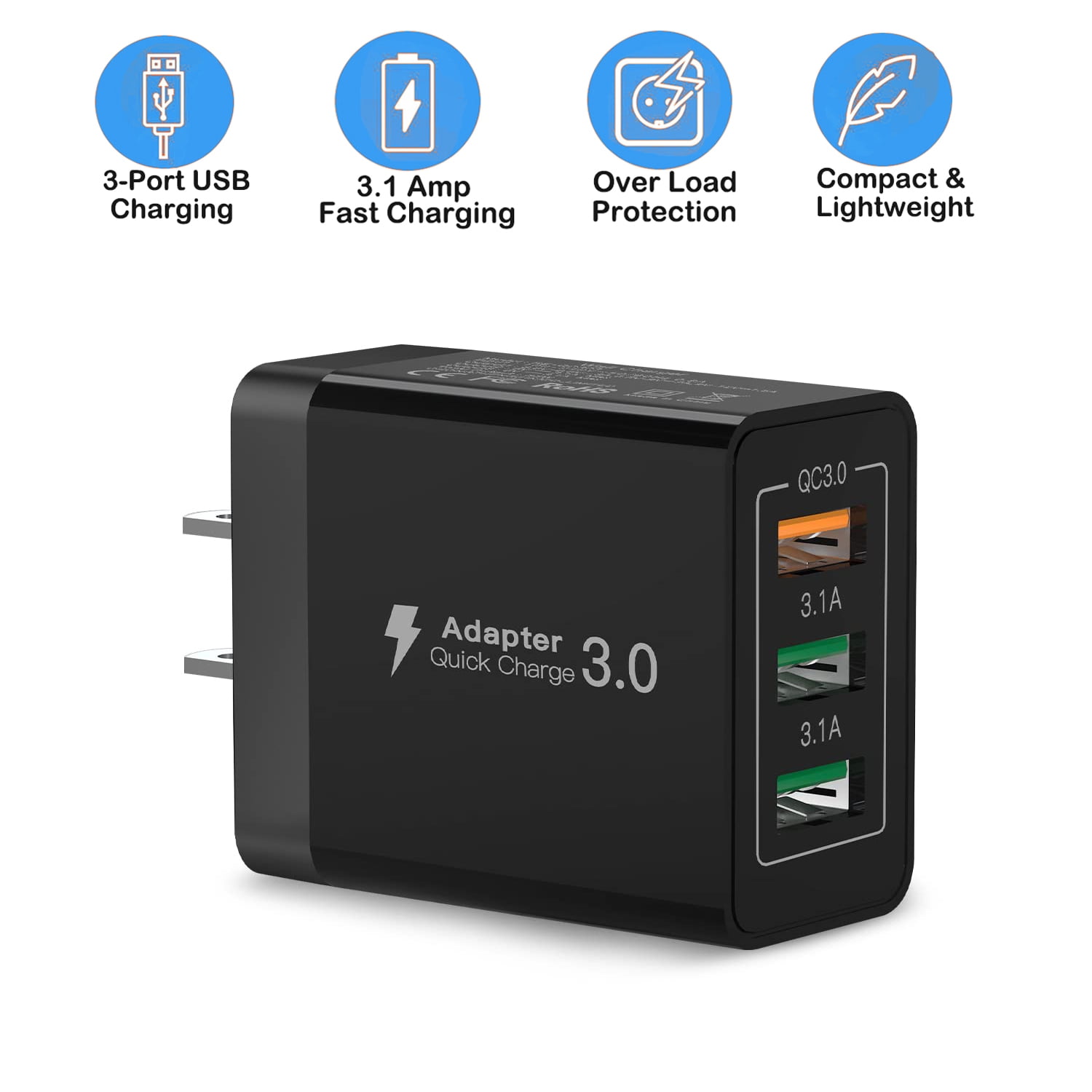 Fast Wall Charger, Upgraded 33W 3-Muti Port USB Plug Cube Portable Wall ...