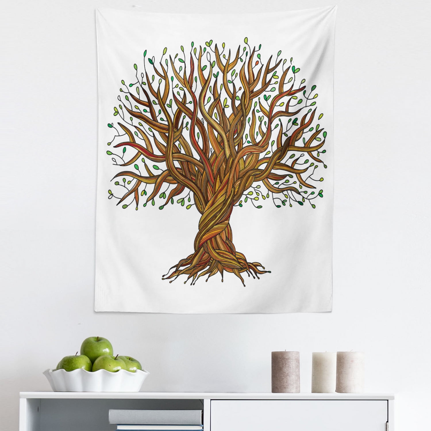 Oak Tree Tapestry, Swirling Branches Roots Hand Drawing Look Leaves on ...