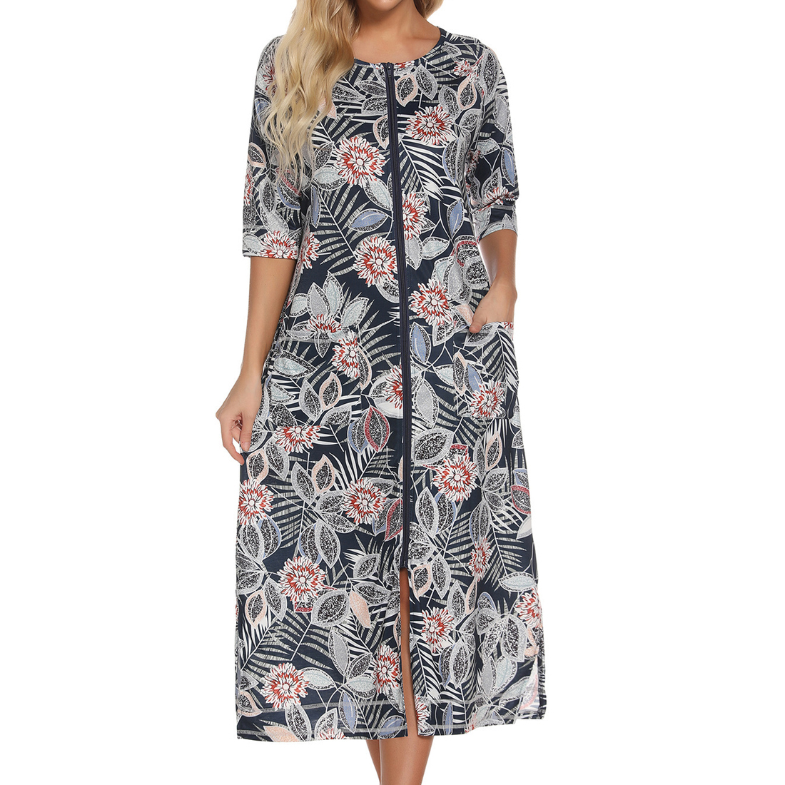 Hanerdun Women Zipper Robe Female 1/2 Sleeve Mid-calf Nightgown with ...