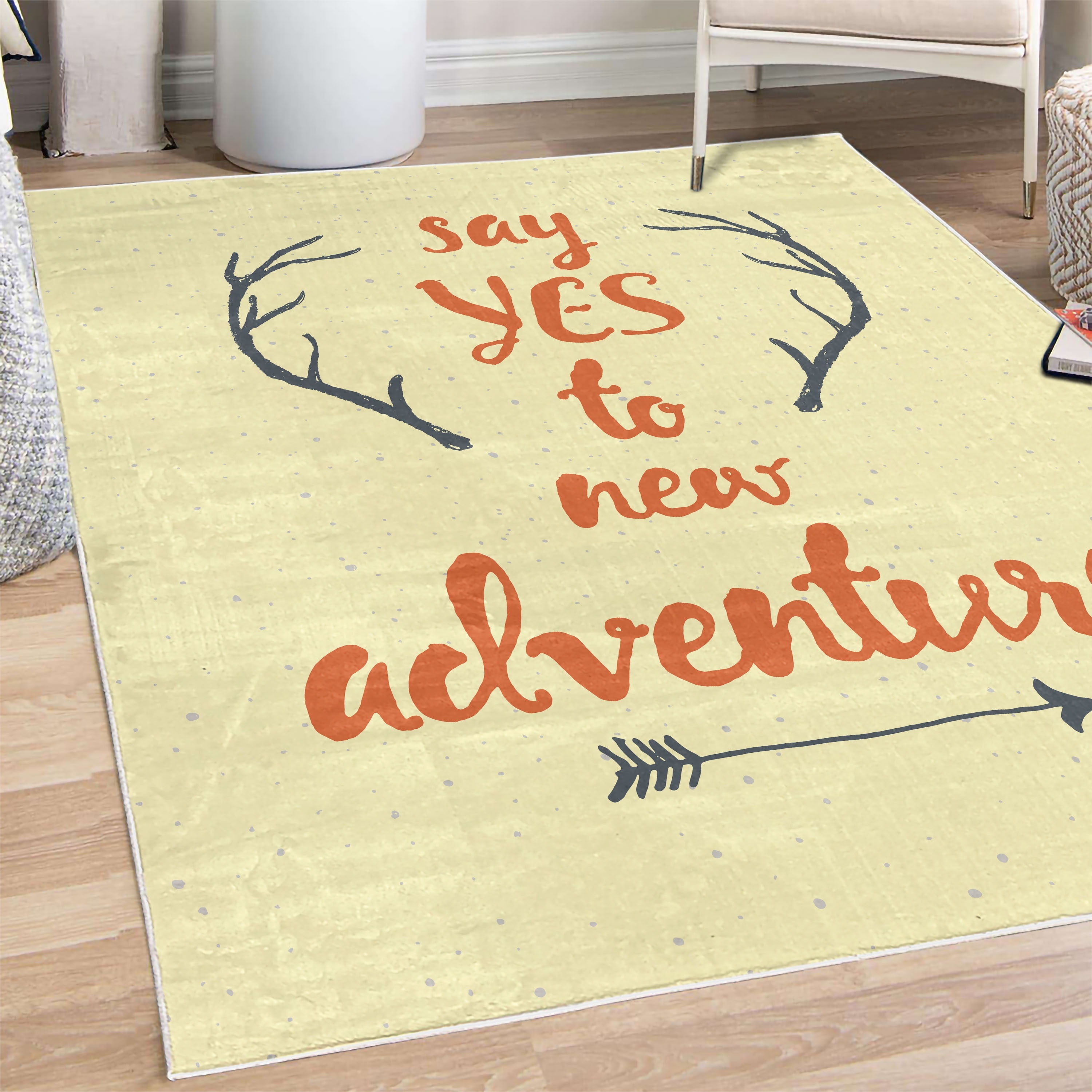 Adventure Decorative Rug, Calligraphic Words Antlers and Arrow on ...