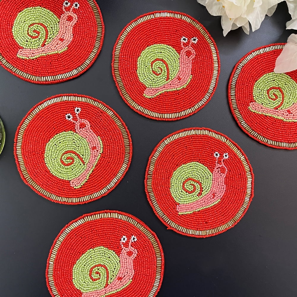 Enliven, Set of 6 coasters, Super Lazy Snail, beaded drink coasters ...