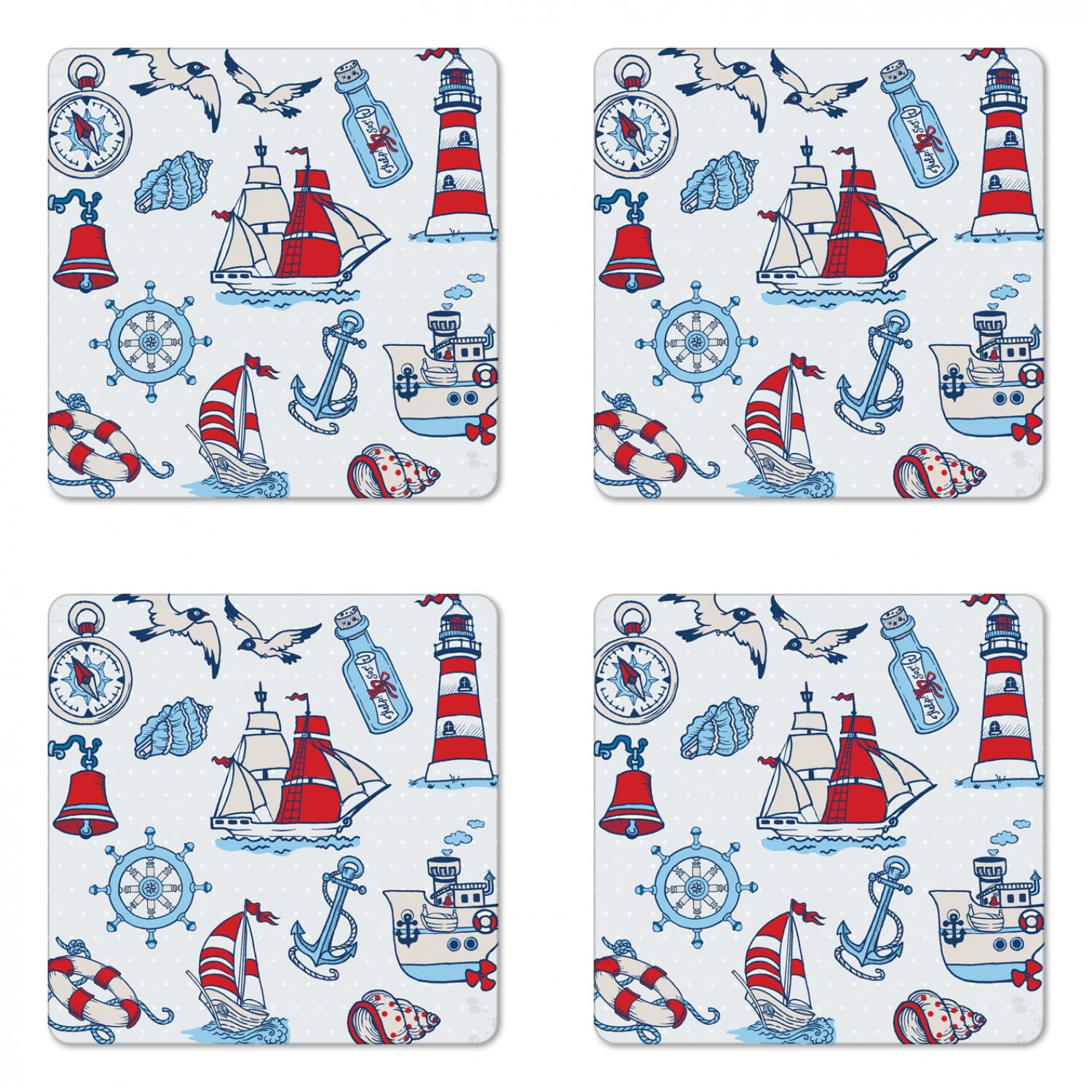 Nautical Coaster Set of 4, Symbolic Sea Creatures Navigation Gulls ...
