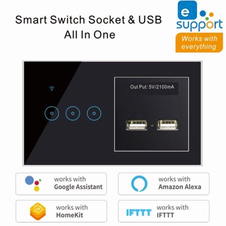 2 In 1 Wall Smart Switch Socket controller USB wall Tempered Glass ...