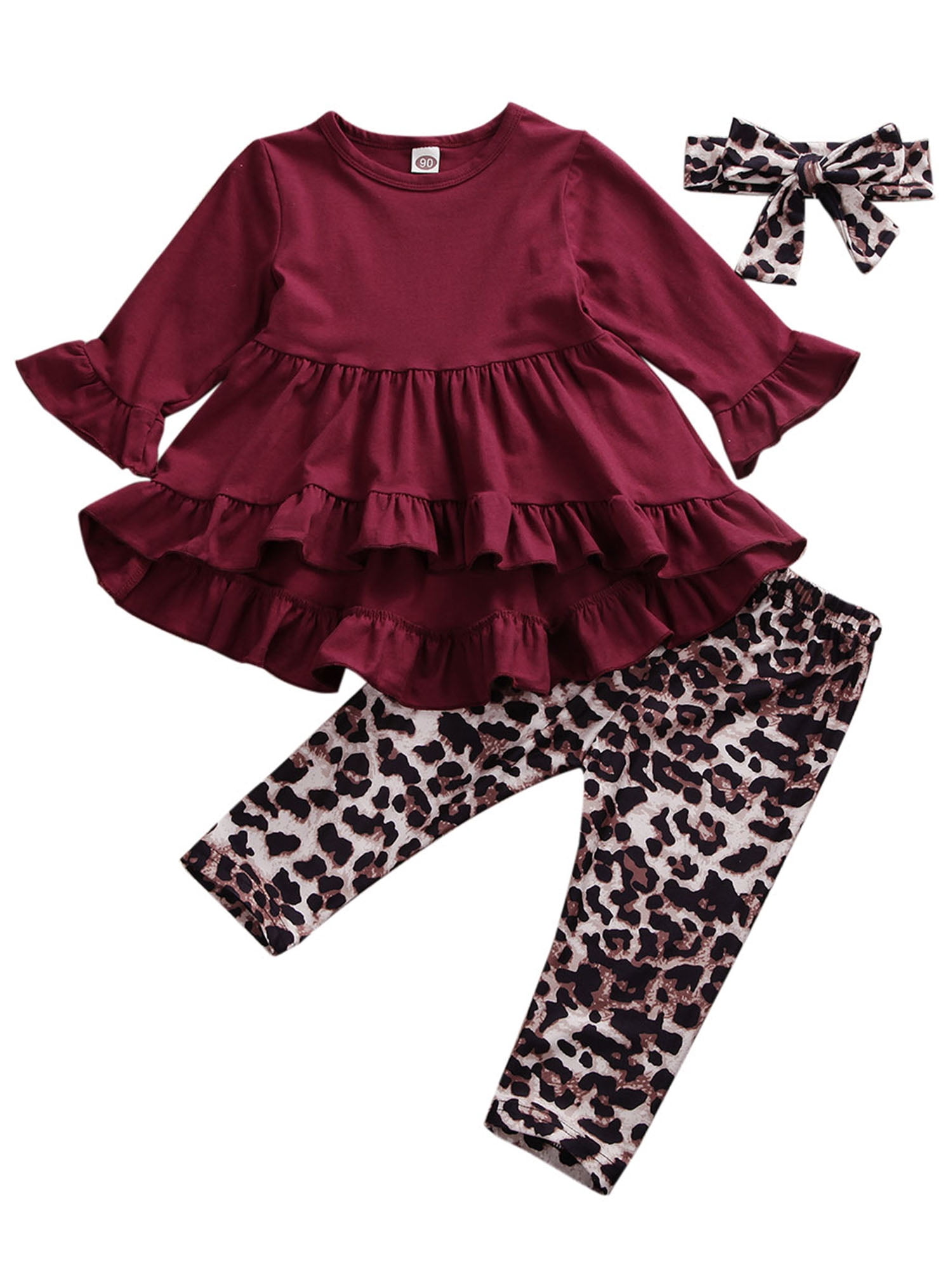 Liangchengmei Toddler Baby Girl Outfit Long Sleeve Ruffled Top Leopard Print Pants Hairband Set ...