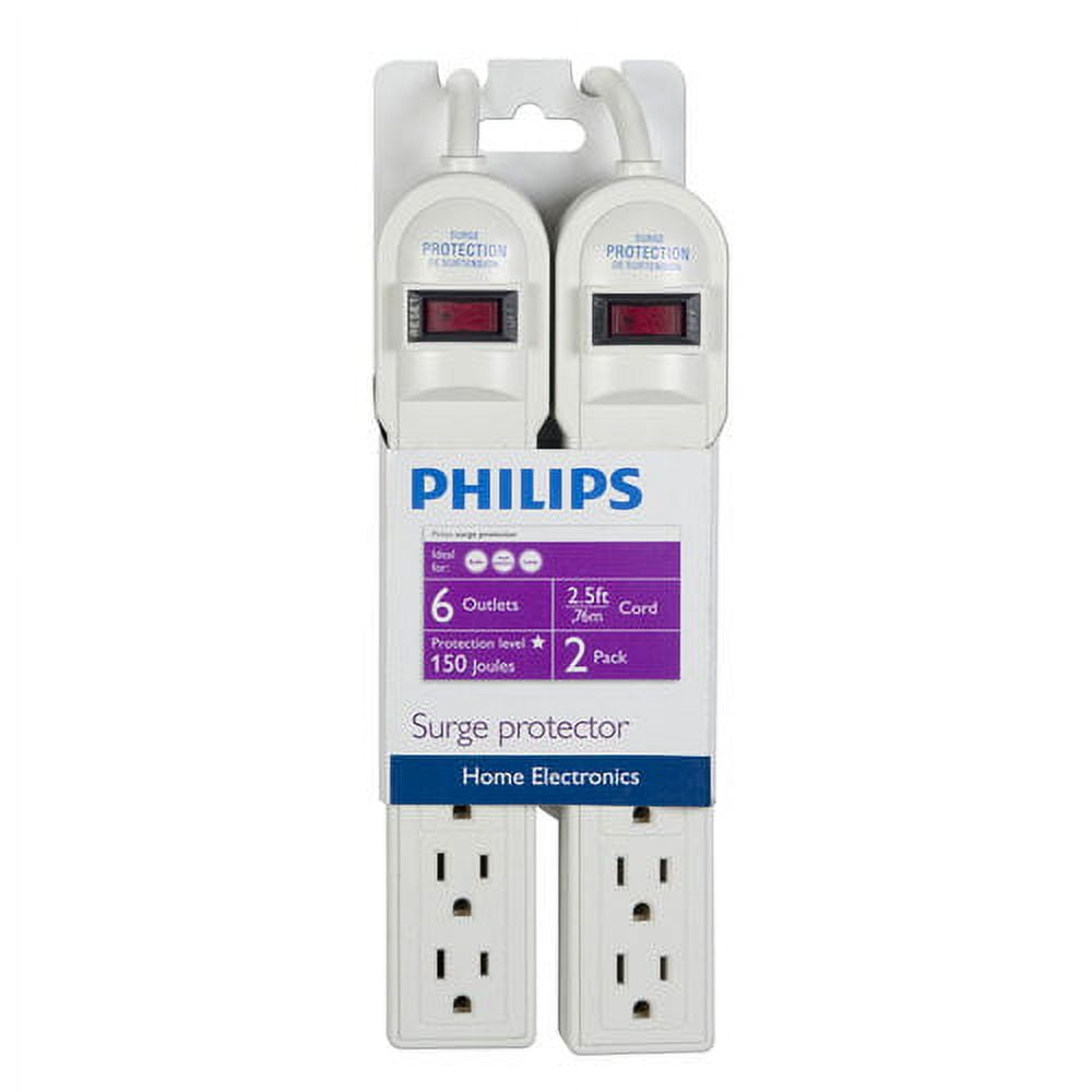 Philips Brand 2pk 6 Outlet Surge Protector White - Walmart.com