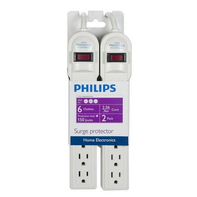 Philips Brand 2pk 6 Outlet Surge Protector White - Walmart.com