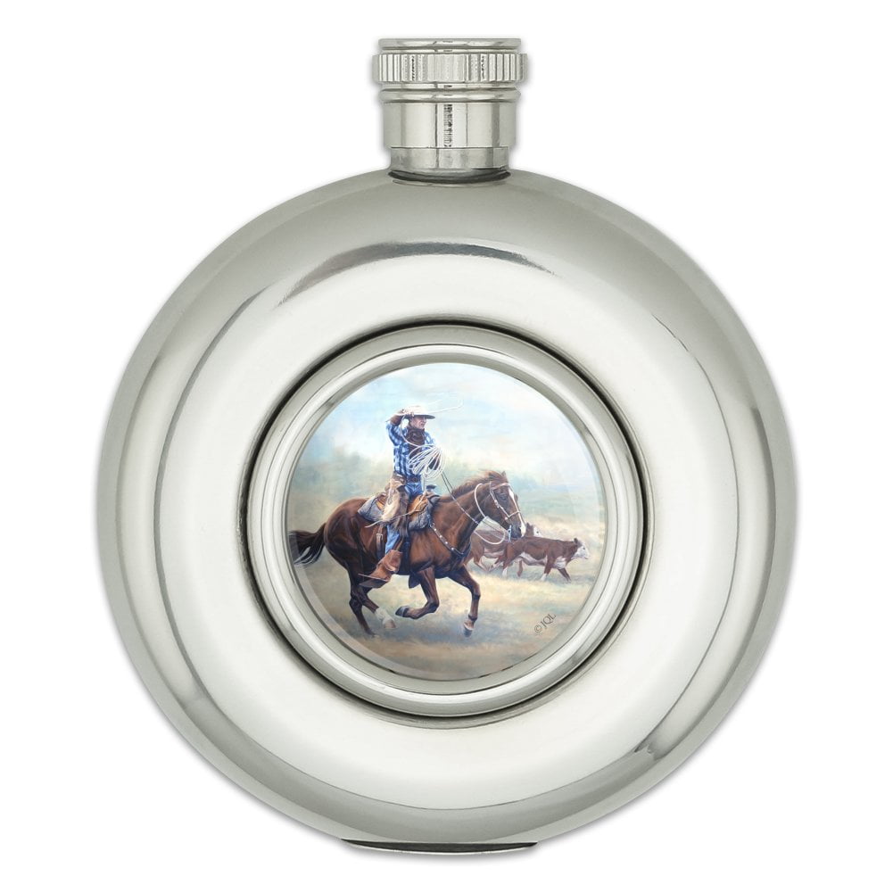 Cattle Drive Western Cowboy In the Loop Round Stainless Steel 5oz Hip ...