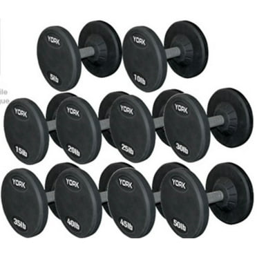 5 - 50 lb. Pro Style Gray Cast Iron Round Dumbbell Set w/ Straight ...