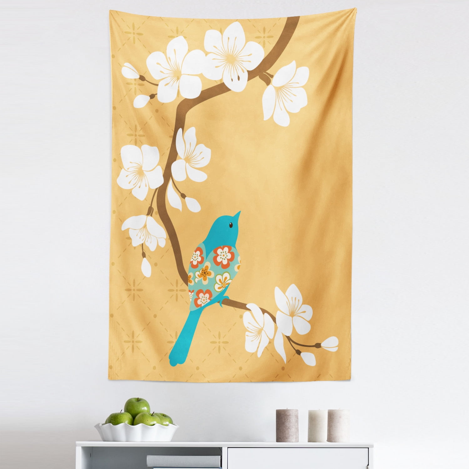 Birds Tapestry, Floral Pattern Winged Sparrow Perching on White Cherry ...