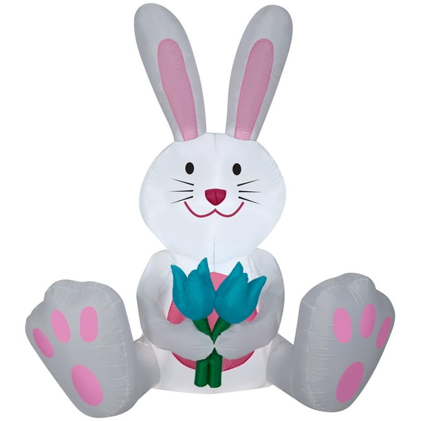 5' Gemmy AirBlown Inflatable Easter Bunny Holding 2 Blue Flowers Yard ...