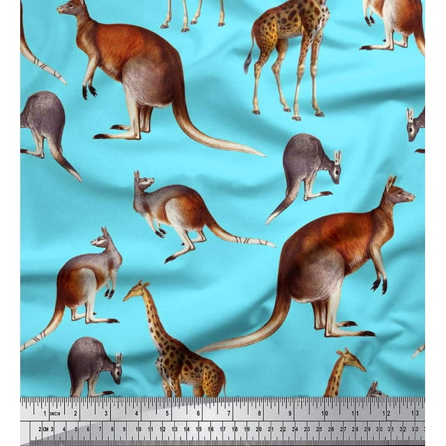Soimoi Blue Rayon Fabric Kangaroo & Giraffe Animal Print Fabric by the ...