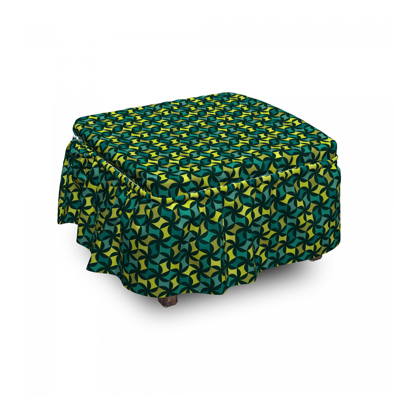 Abstract Ottoman Cover, Green Toned Shapes, 2 Piece Slipcover Set with ...