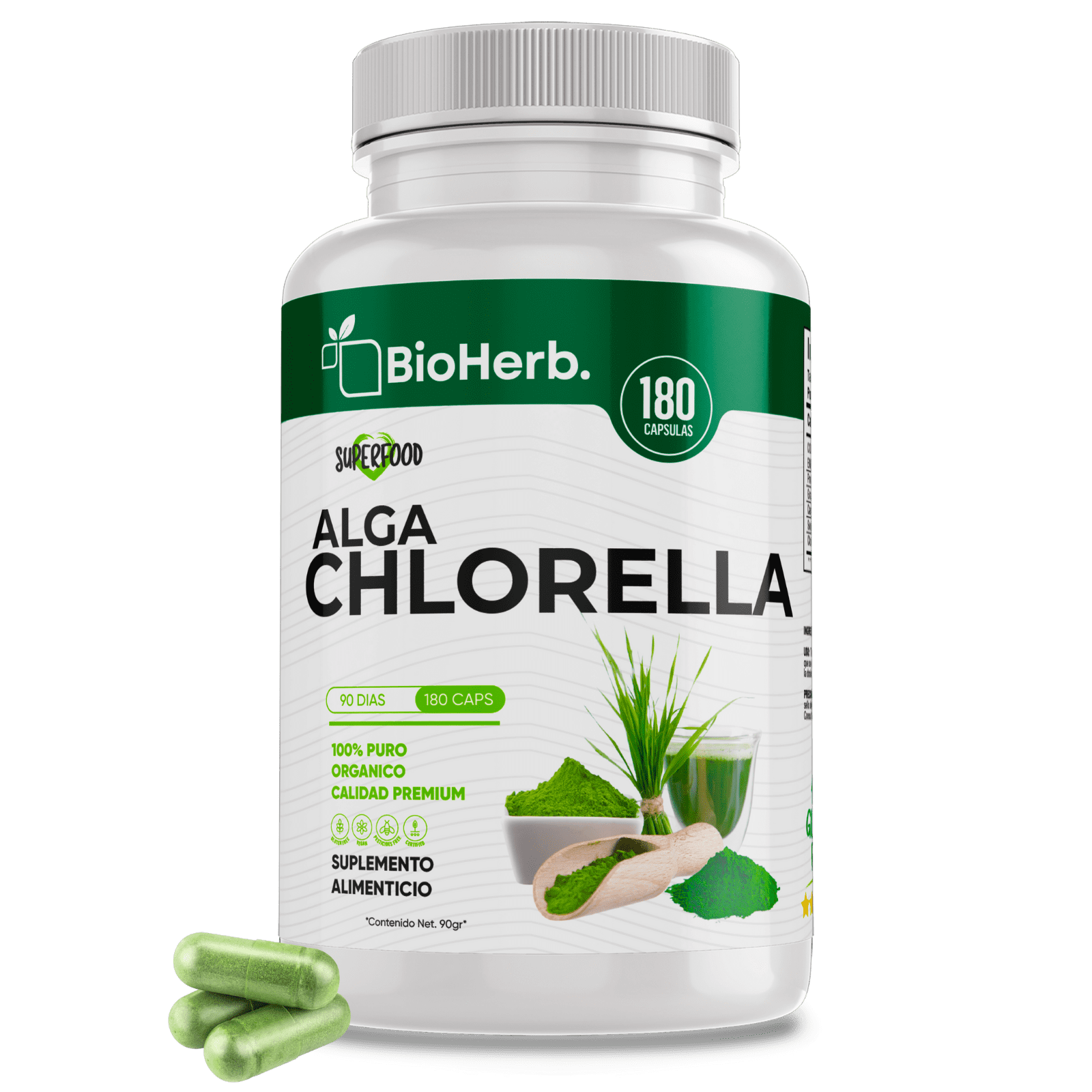 Alga Chlorella 100% Pura BioHerb 180 Cápsulas 500mg Organico Natural | Walmart en línea