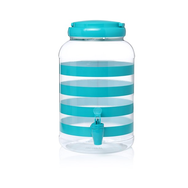 Mainstays Clear Plastic Beverage Dispenser Striped Teal Cabana- 1.2 gal ...