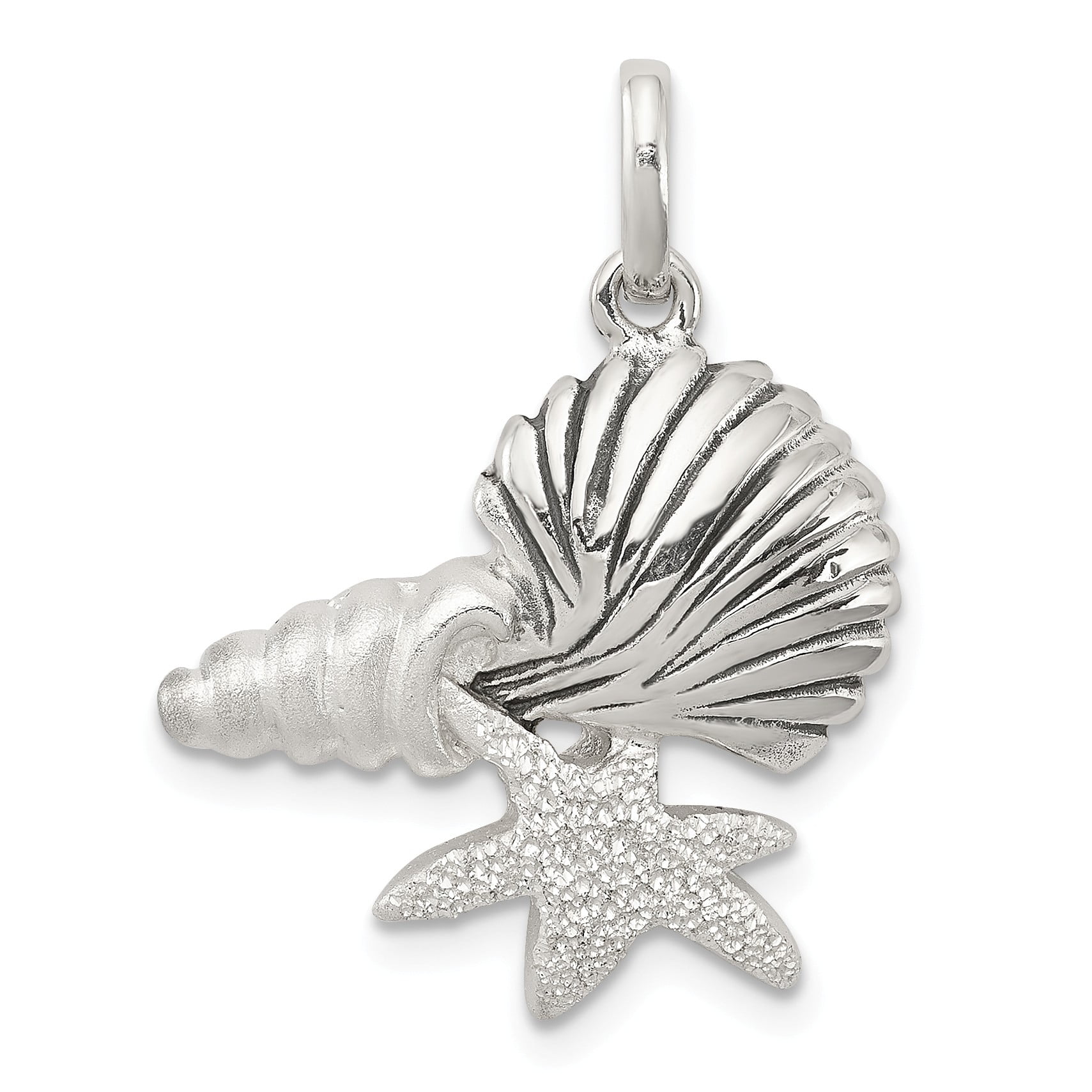 Sterling Silver Polished Antiqued/Laser Cut/Satin Seashells Pendant ...
