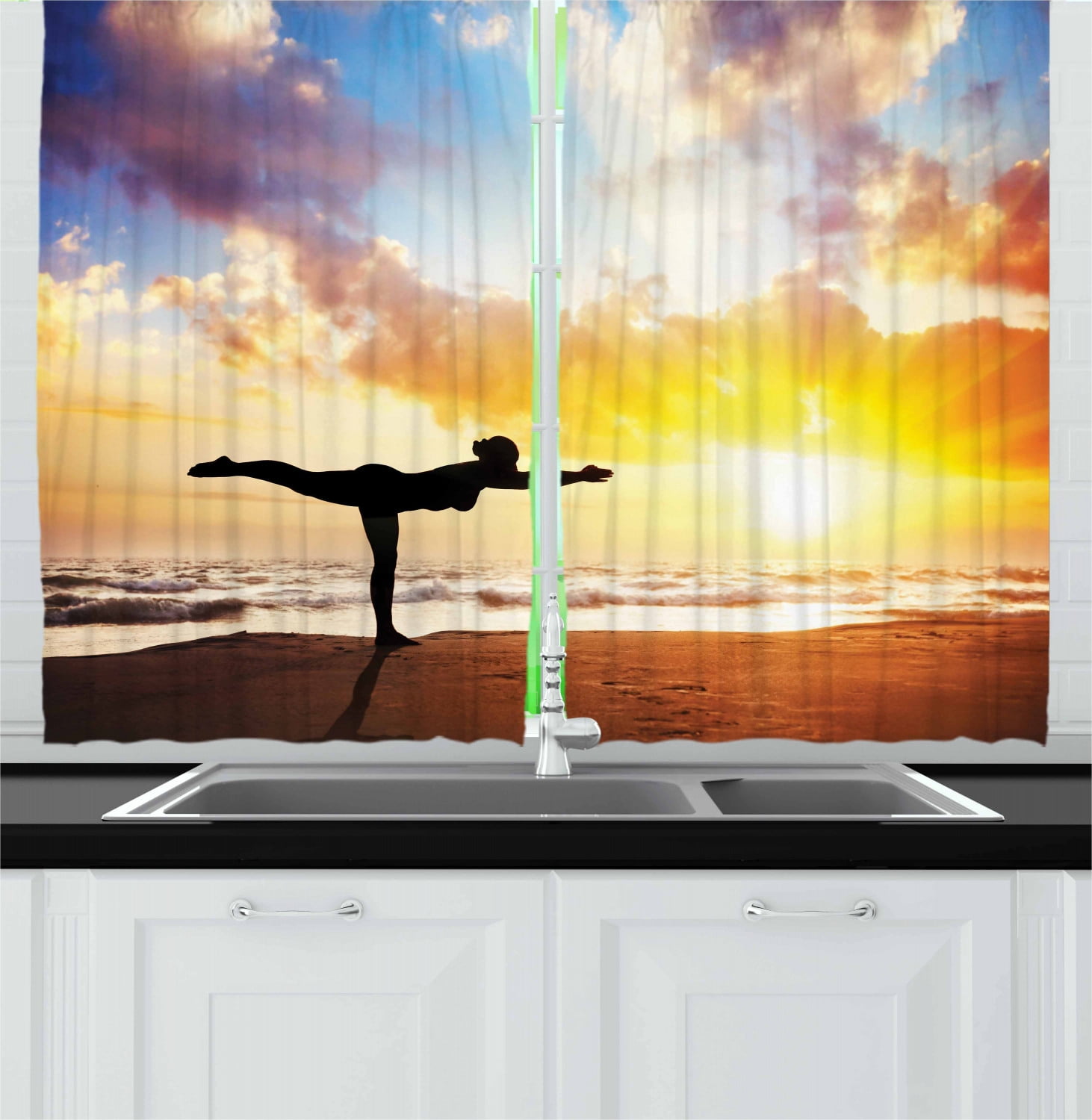 Yoga Curtains 2 Panels Set, Warrior Pose by Woman in Silhouette with ...