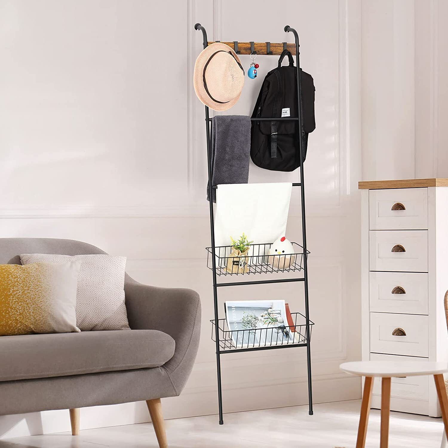 Blanket Ladder Leaning Towel Ladder Holder with 2 Metal Baskets & 5 ...