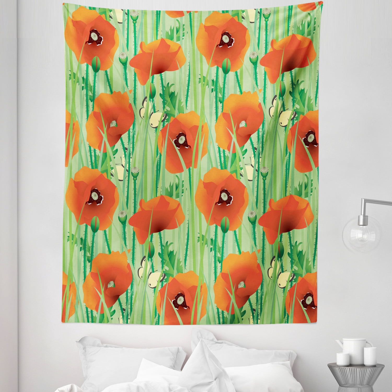 Spring Tapestry, Scarlet Poppy Flowers Field with Butterflies ...
