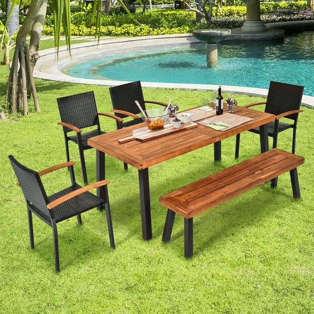 Gymax 6PCS Patio Rattan Dining Set Chairs Stack Acacia Wood Bench Table ...