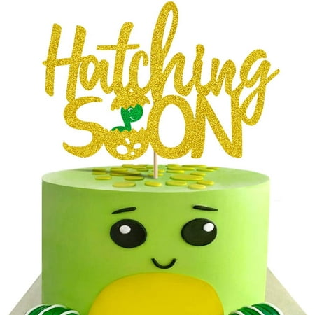 Hatching Soon Cake Topper, Double Sided Gold Glitter Dinosaur Baby ...