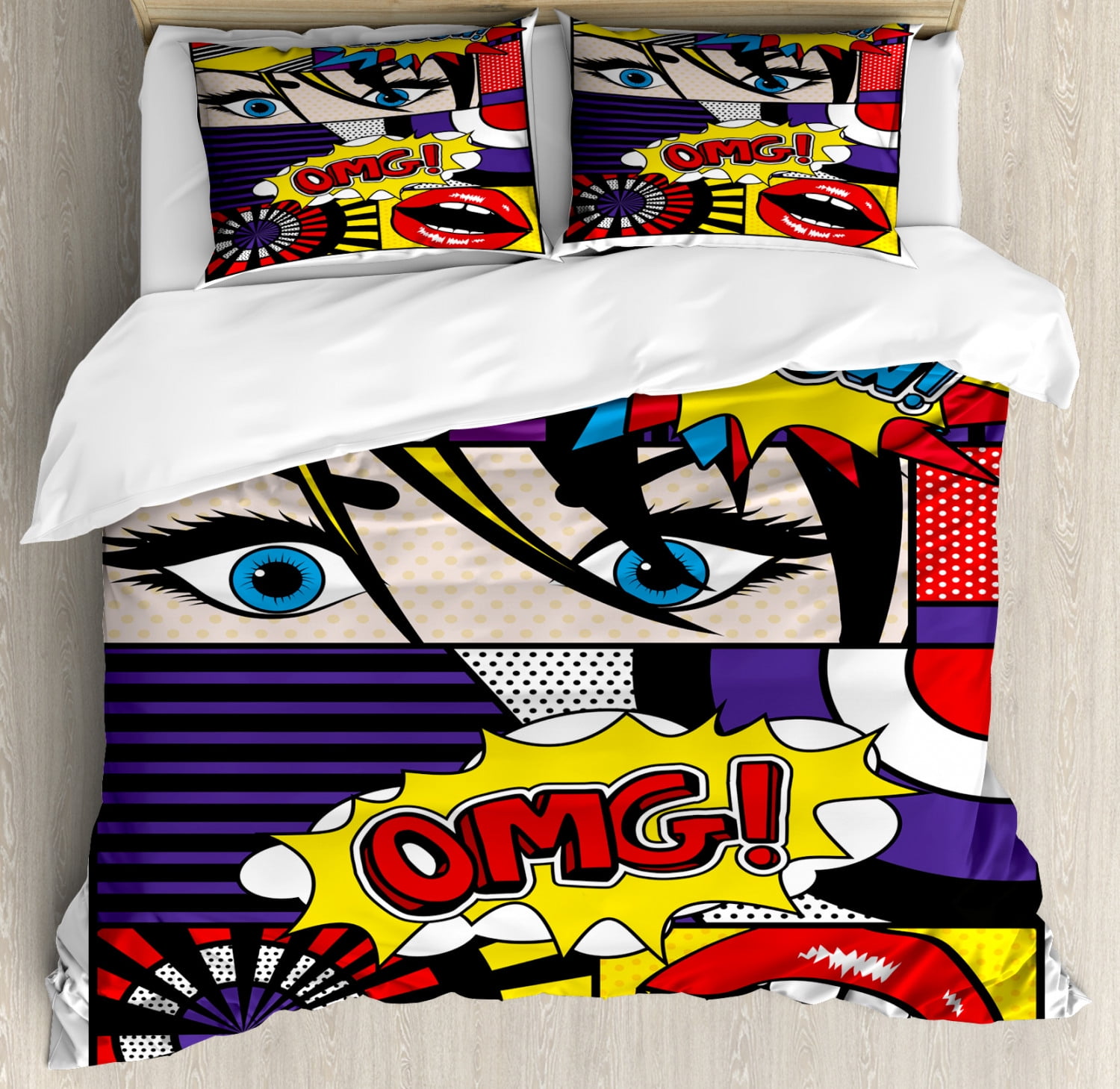 Art Duvet Cover Set King Size, Comic Book Inspired Style Wooow Omg Eyes ...