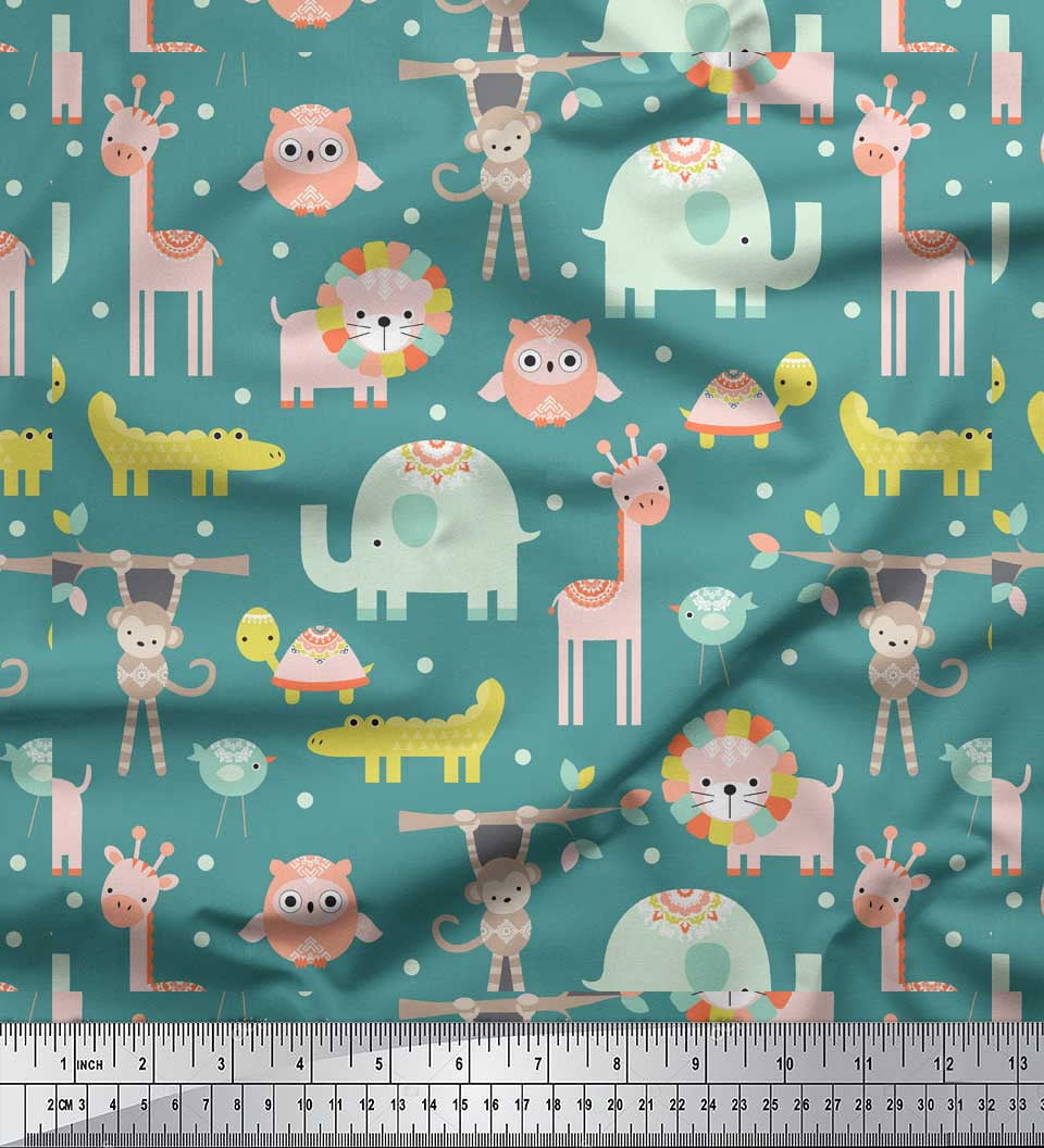 Soimoi Blue Heavy Canvas Fabric Jungle Animals Kids Print Fabric by ...