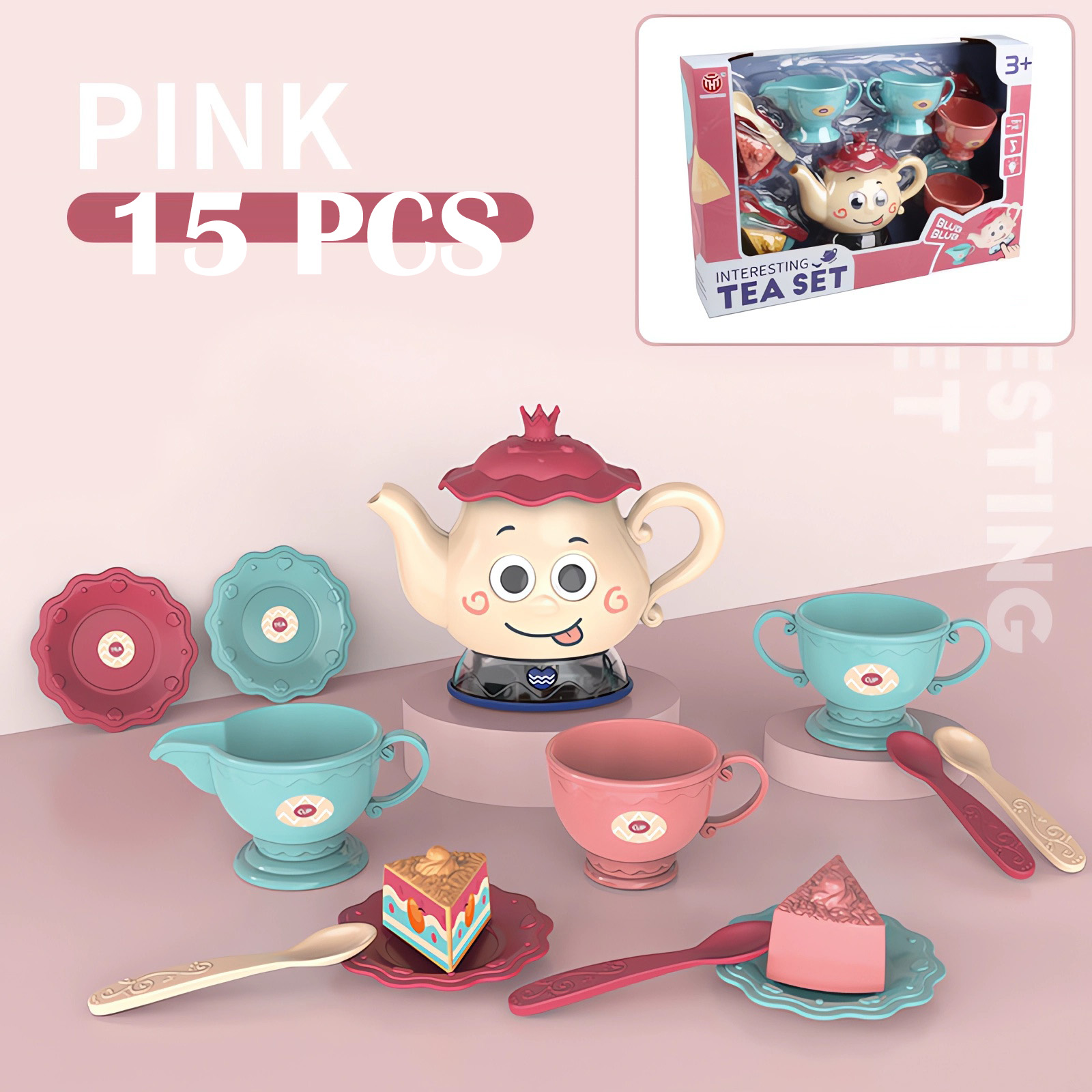 TABGIME Pretend Play Tea Play Set W/Teapot & 15-Piece Pink Princess Tea ...
